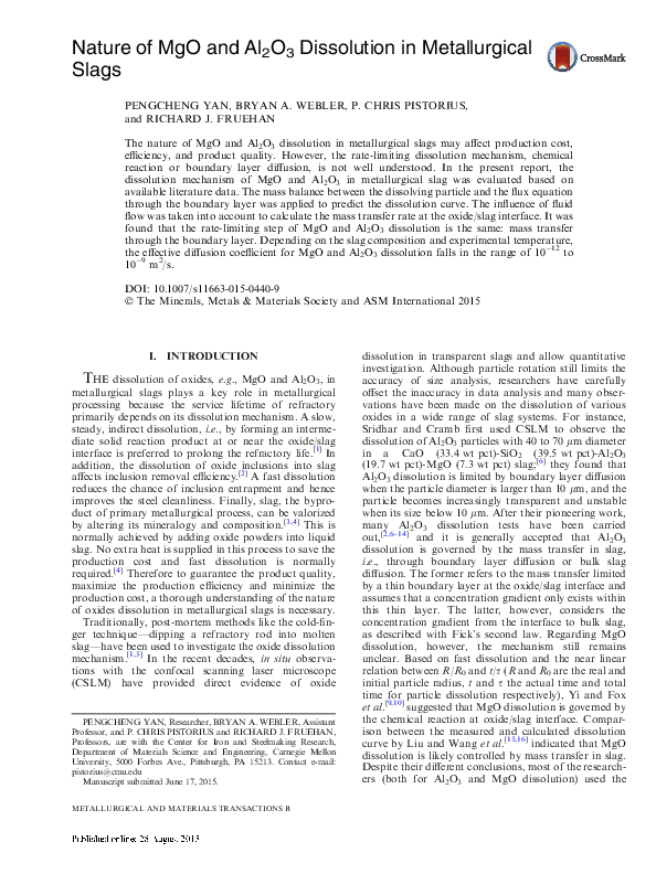 (PDF) Nature of MgO and Al2O3 Dissolution in Metallurgical Slags