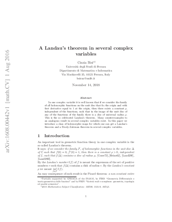 (PDF) A Landau’s theorem in several complex variables