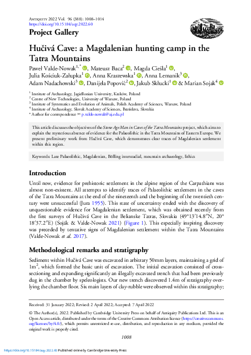 (PDF) Hučivá Cave: a Magdalenian hunting camp in the Tatra Mountains