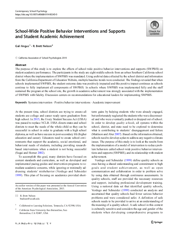(PDF) School-Wide Positive Behavior Interventions and Supports Survey