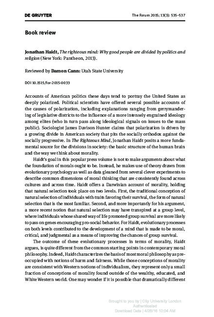 (PDF) The Righteous Mind: Why Good People are Divided by Politics and ...
