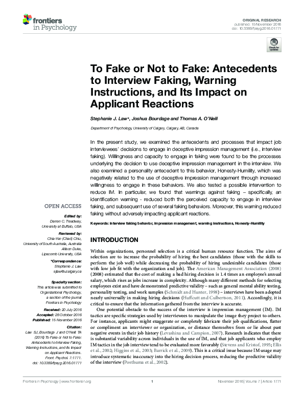(PDF) To Fake or Not to Fake: Antecedents to Interview Faking, Warning Instructions, and Its ...