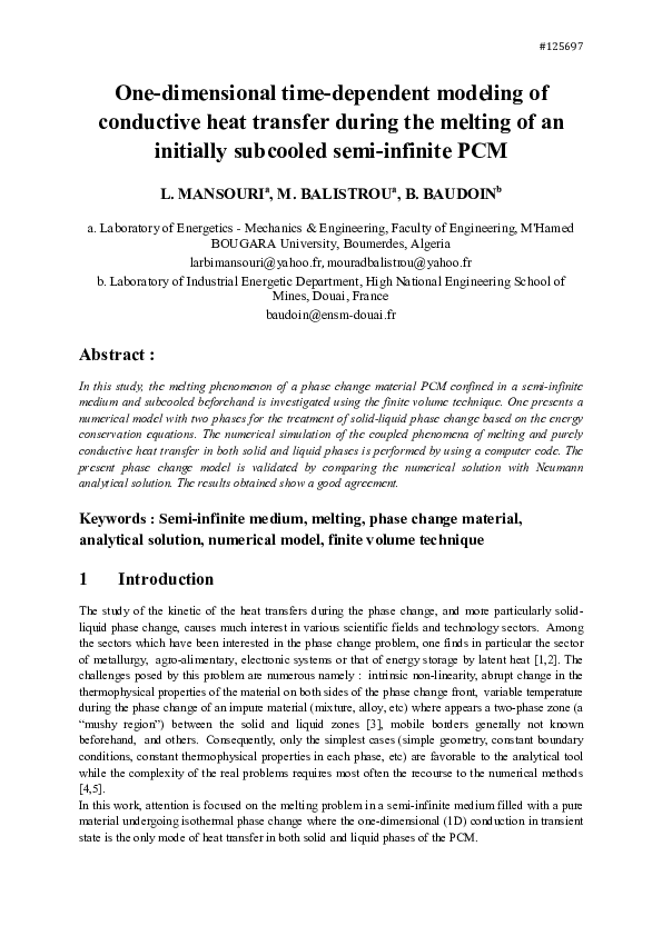 Pdf One Dimensional Time Dependent Modeling Of Conductive Heat