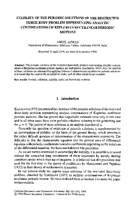 (PDF) Stability of the periodic solutions of the restricted three-body ...