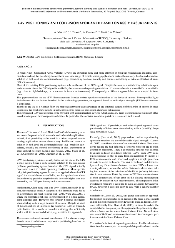 Pdf Uav Positioning And Collision Avoidance Based On Rss Measurements Francesco Pirotti