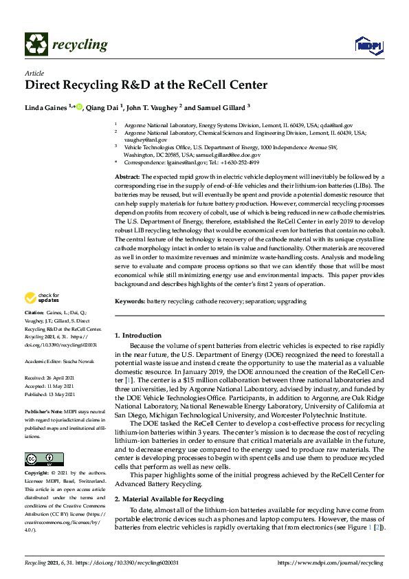 (PDF) Direct Recycling R&D at the ReCell Center