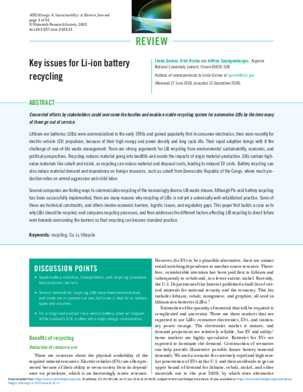 (PDF) Key issues for Li-ion battery recycling