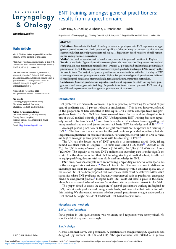 (PDF) ENT training amongst general practitioners: results from a questionnaire