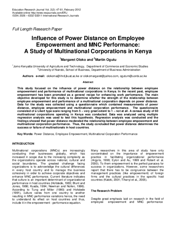 (PDF) Influence of Power Distance on Employee Empowerment and MNC ...