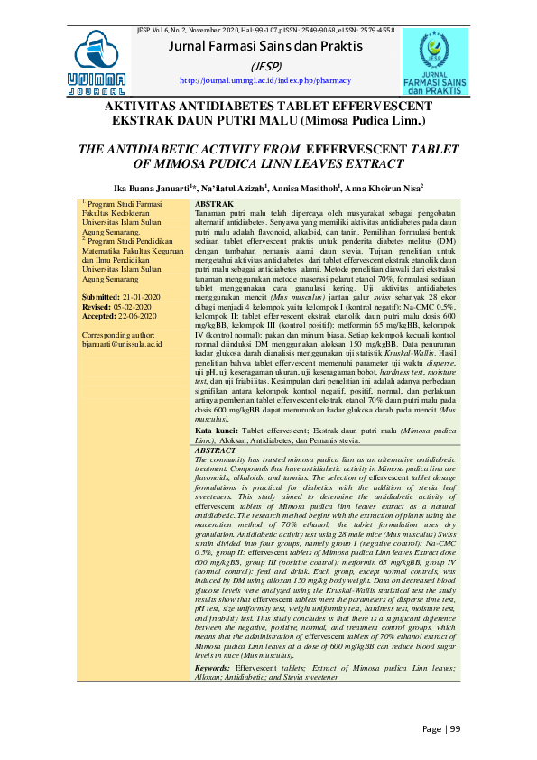 (PDF) Antidiabetic Activity from Tablets Effervescent Extract of Mimosa ...