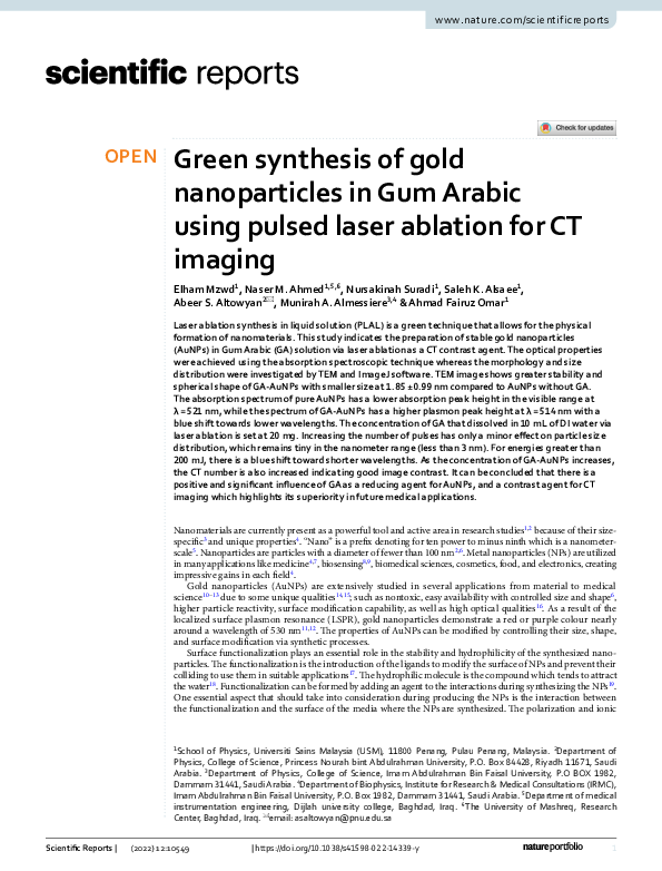 (PDF) Green synthesis of gold nanoparticles in Gum Arabic using pulsed laser ablation for CT imaging