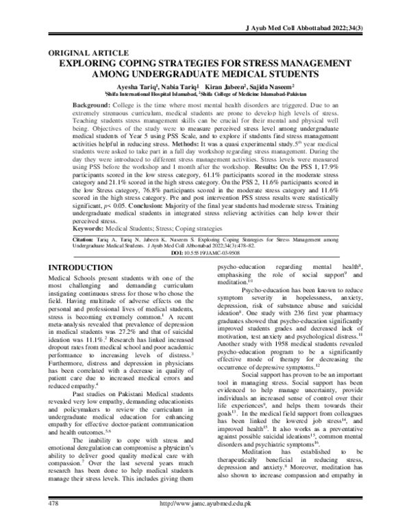 (PDF) Exploring Coping Strategies for Stress Management Among Undergraduate Medical Students