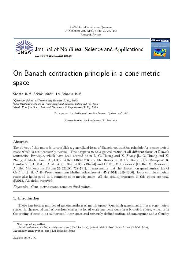 Pdf On Banach Contraction Principle In A Cone Metric Space Shobha Jain