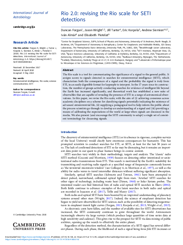 (PDF) Rio 2.0: revising the Rio scale for SETI detections
