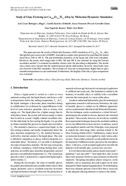 (PDF) Study of Glass Forming on Cu60.0Zr32.5Ti7.5 Alloy by Molecular ...