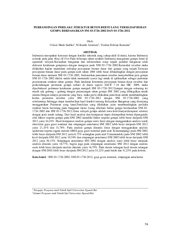 (PDF) Perbandingan Perilaku Struktur Beton Bertulang Terhadap Beban Gempa Berdasarkan Sni 03 ...