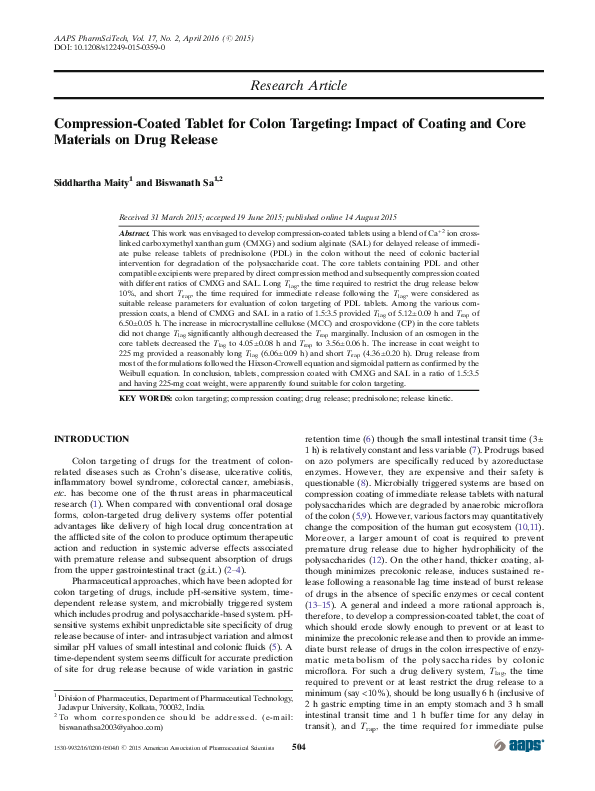 Pdf Compression Coated Tablet For Colon Targeting Impact Of Coating