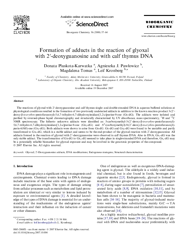 (PDF) Glyoxal Reaction Adducts with Deoxyguanosine