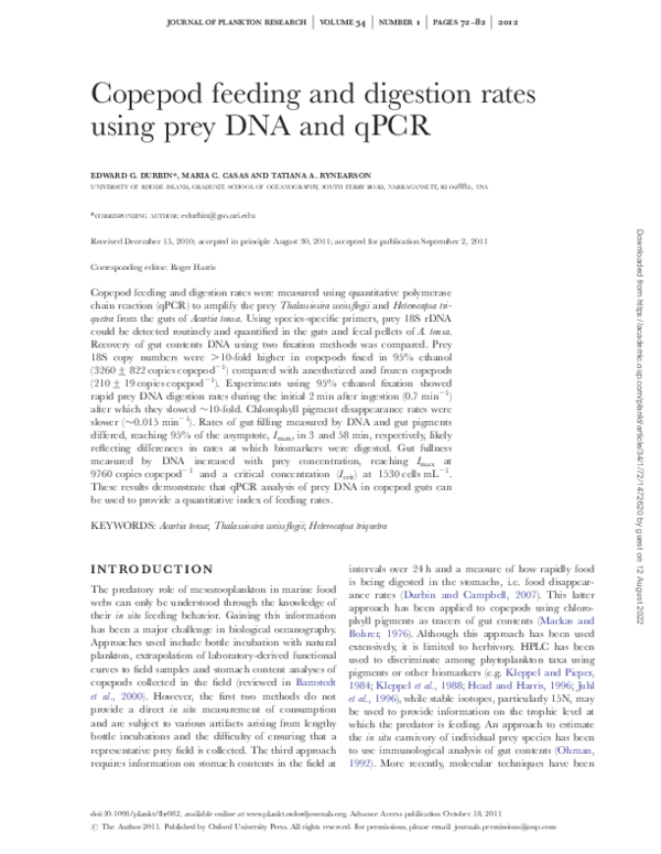 (PDF) Copepod feeding and digestion rates using prey DNA and qPCR