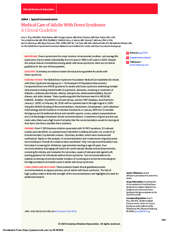 (PDF) Medical Care of Adults With Down Syndrome