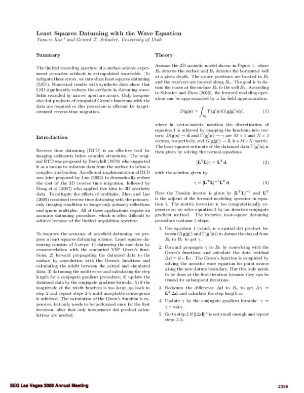 Pdf Least Squares Datuming With The Wave Equation