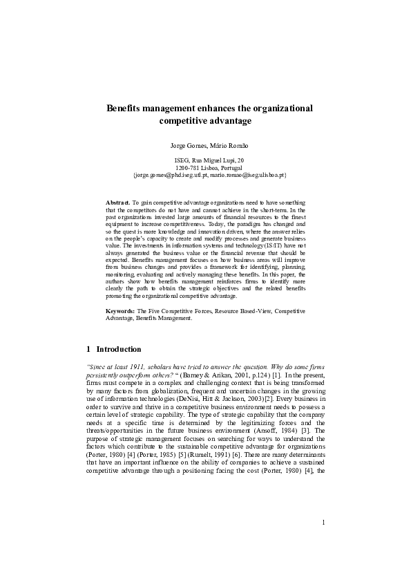 (PDF) Benefits Management Enhances the Organizational Competitive Advantage