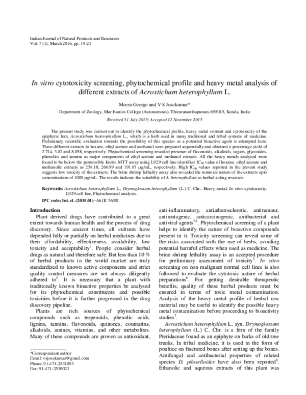 (PDF) In vitro cytotoxicity screening, phytochemical profile and heavy metal analysis of ...