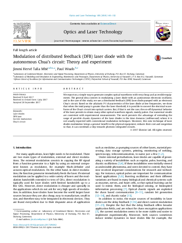 (PDF) Modulation of distributed feedback (DFB) laser diode with the autonomous Chua’s circuit ...