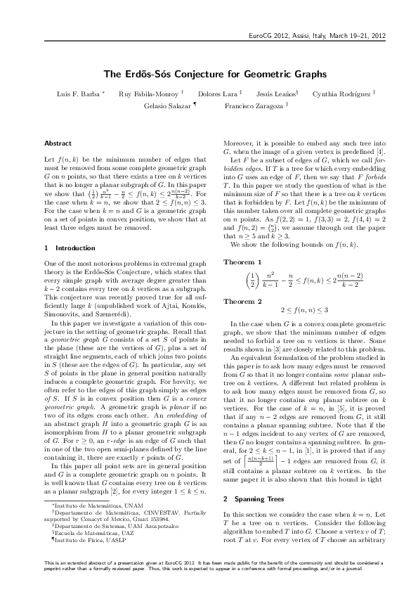 (PDF) The Erdős-Sós conjecture for geometric graphs | Luis Ortuño - Academia.edu