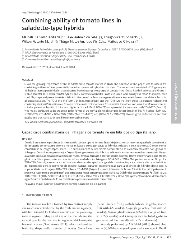 (PDF) Combining ability of tomato lines in saladette-type hybrids