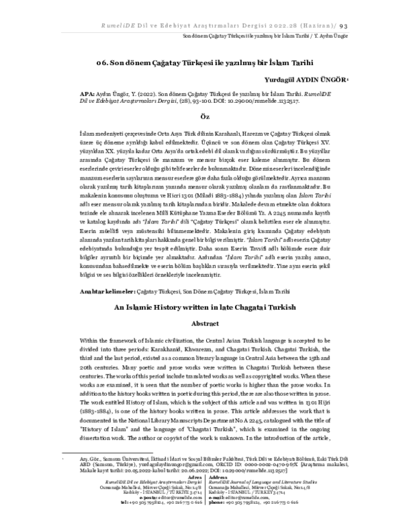 (PDF) Son dönem Çağatay Türkçesi ile yazılmış bir İslam Tarihi-An ...