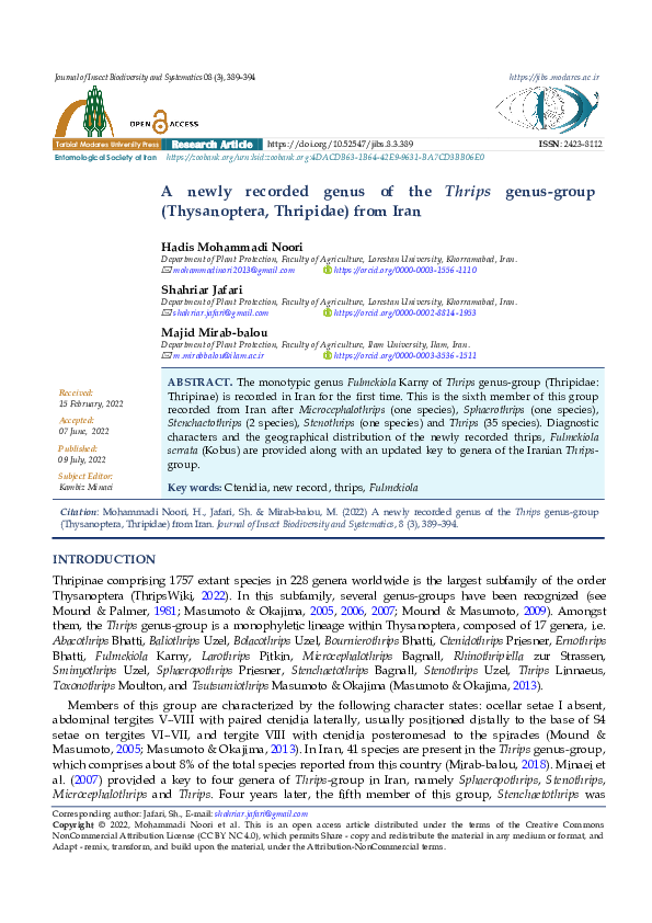 (PDF) A newly recorded genus of the Thrips genus-group (Thysanoptera, Thripidae) from Iran
