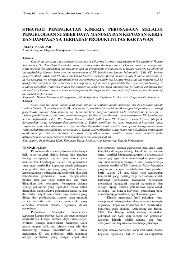 (PDF) STRATEGI PENINGKATAN KINERJA PERUSAHAAN MELALUI PENGELOLAAN SUMBER DAYA MANUSIA DAN ...