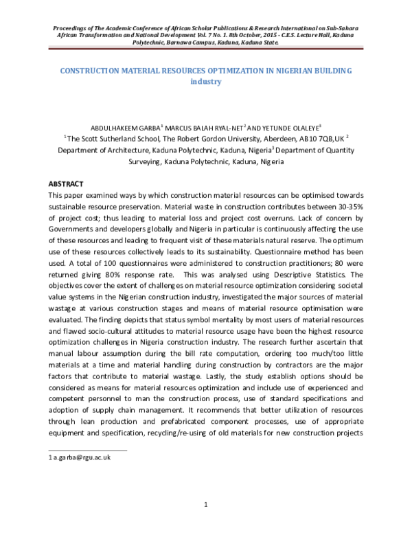 (PDF) CONSTRUCTION MATERIAL RESOURCES OPTIMIZATION IN NIGERIAN BUILDING ...