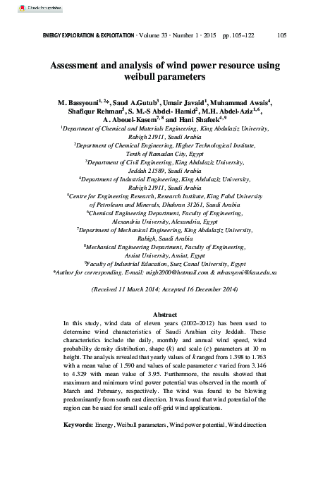 (PDF) Assessment and Analysis of Wind Power Resource Using Weibull Parameters