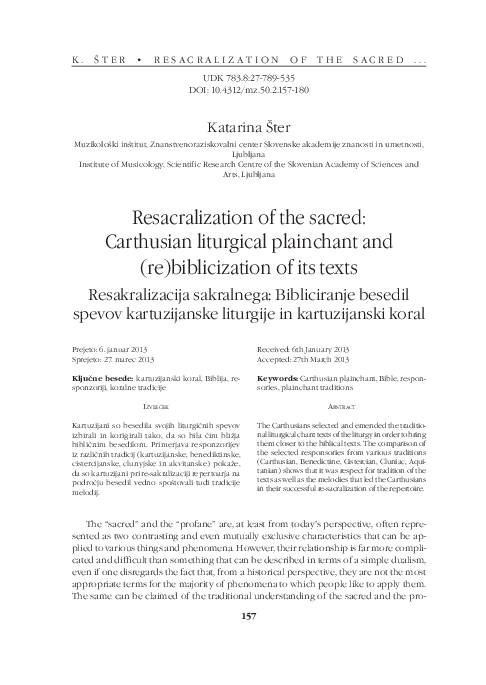 (PDF) Resacralization of the sacred: Carthusian liturgical plainchant ...