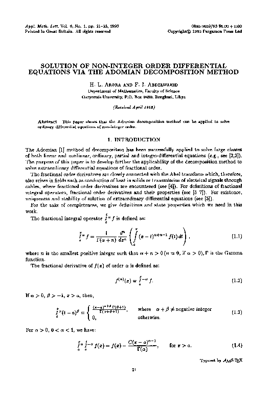 Pdf Solution Of Non Integer Order Differential Equations Via The
