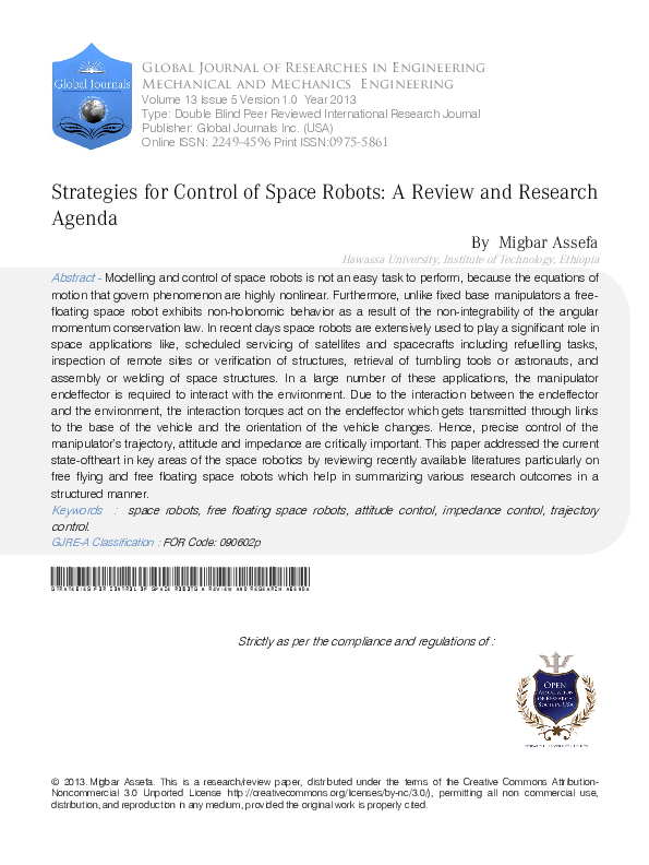 Pdf Strategies For Control Of Space Robots A Review And Research Agenda