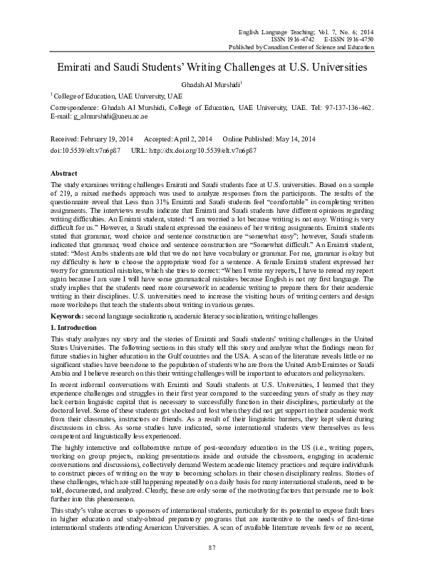 (PDF) Emirati and Saudi Students’ Writing Challenges at U.S. Universities