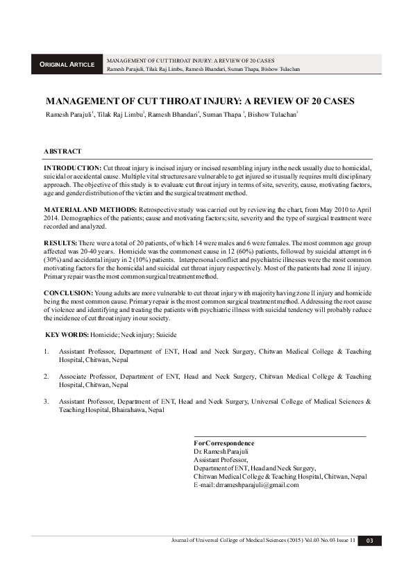 (PDF) Management of Cut Throat Injury: A Review of 20 Cases | Dr Bishow ...