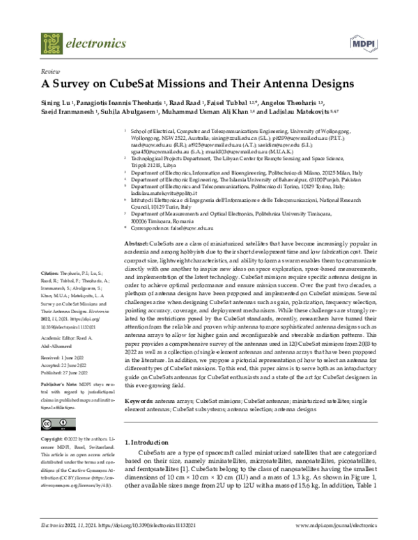 (PDF) A Survey on CubeSat Missions and Their Antenna Designs