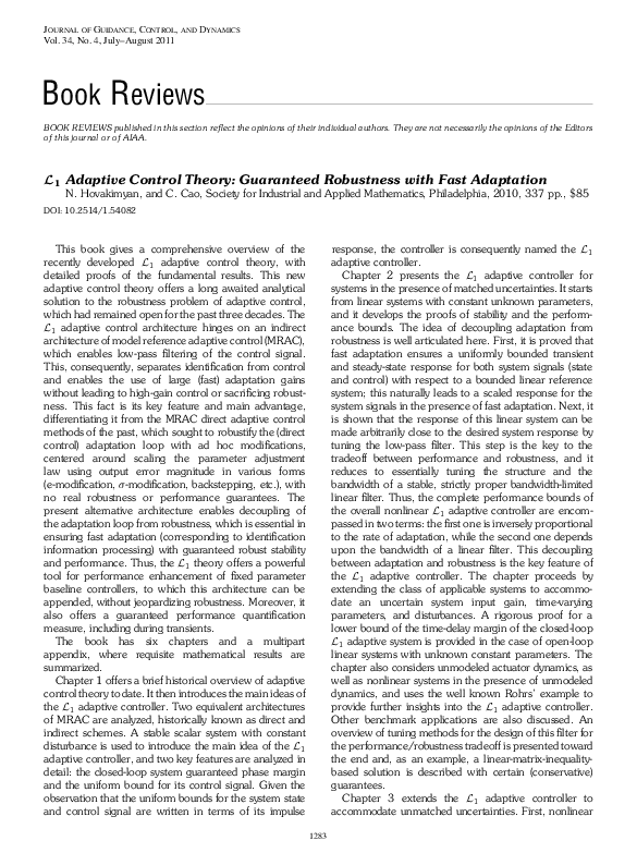 (PDF) L1 adaptive control theory: guaranteed robustness with fast adaptation
