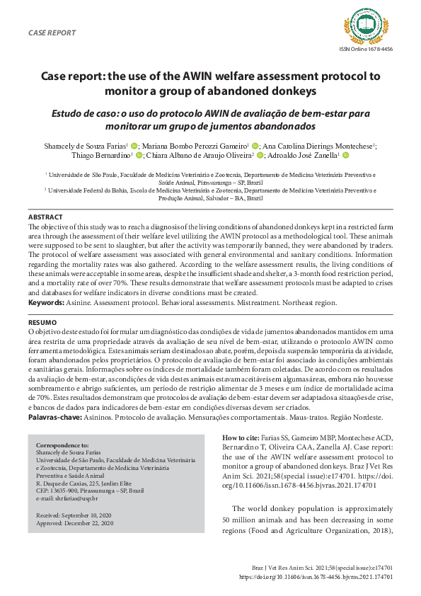 (PDF) Case report: the use of the AWIN welfare assessment protocol to ...