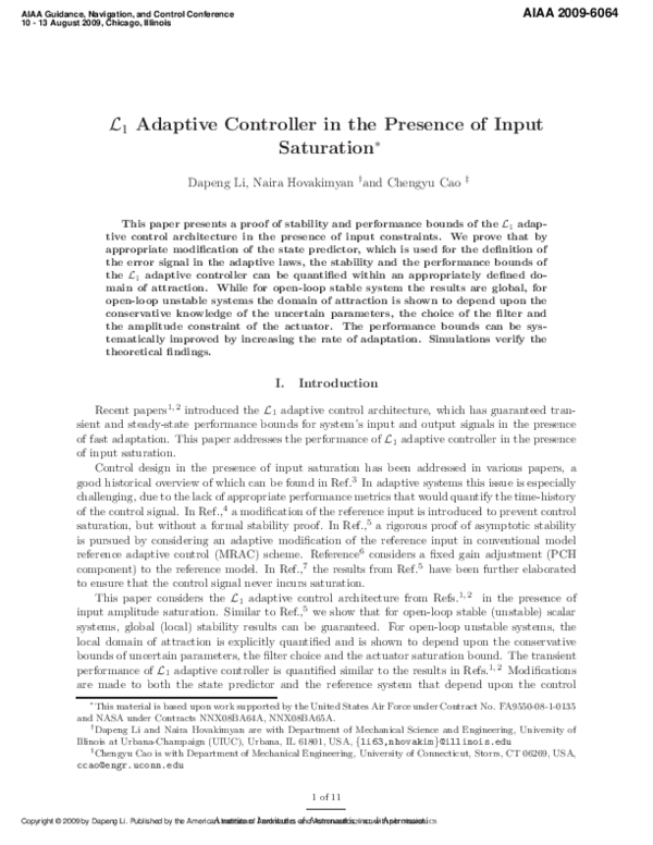 (PDF) L1 Adaptive Controller in the Presence of Input Saturation