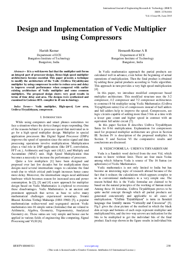 Pdf Design And Implementation Of Vedic Multiplier Using Compressors