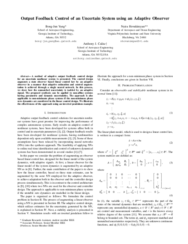 (PDF) Output feedback control of an uncertain system using an adaptive observer | Naira ...