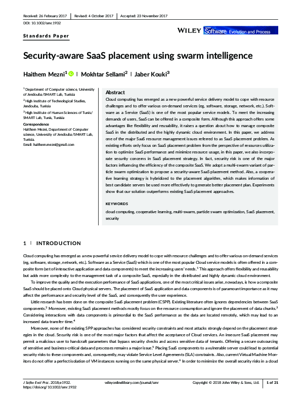 (PDF) Security-aware SaaS placement using swarm intelligence