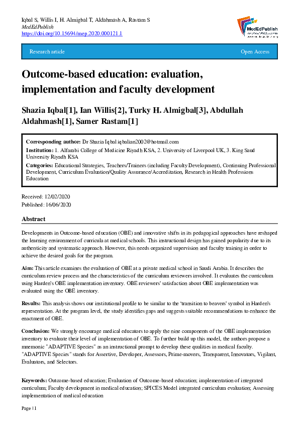 (PDF) Outcome-based education: evaluation, implementation and faculty development