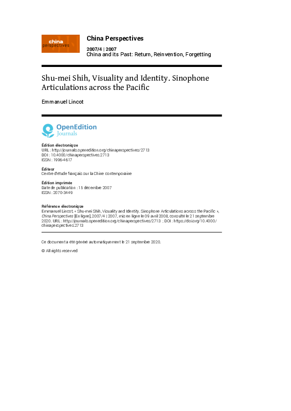 (PDF) Shu-mei Shih, Visuality and Identity. Sinophone Articulations ...