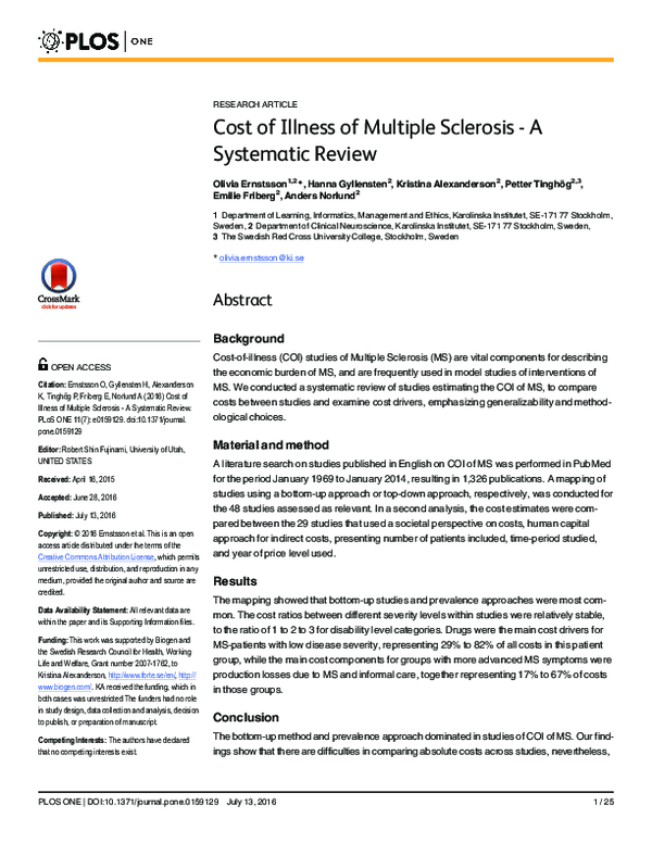 Pdf Cost Of Illness Of Multiple Sclerosis A Systematic Review